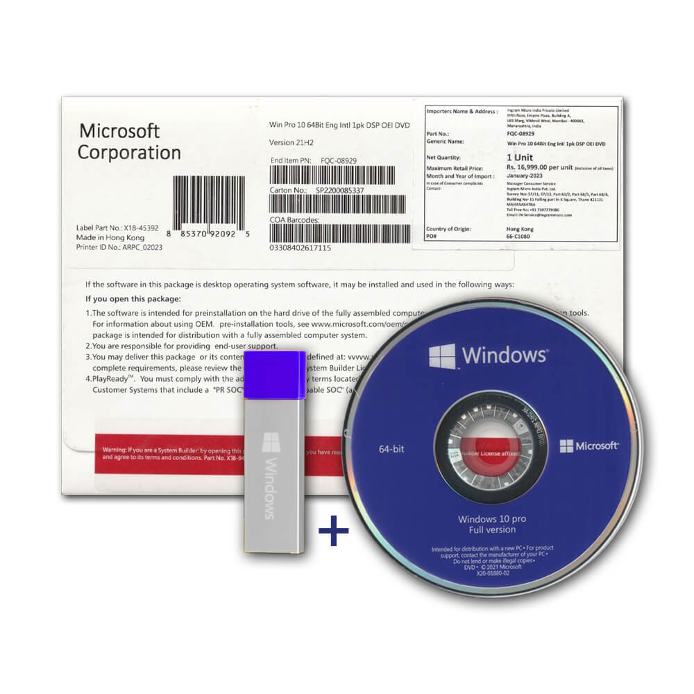 Microsoft Windows 10 Pro English 64 Bit DVD & Bootable Pendrive ...